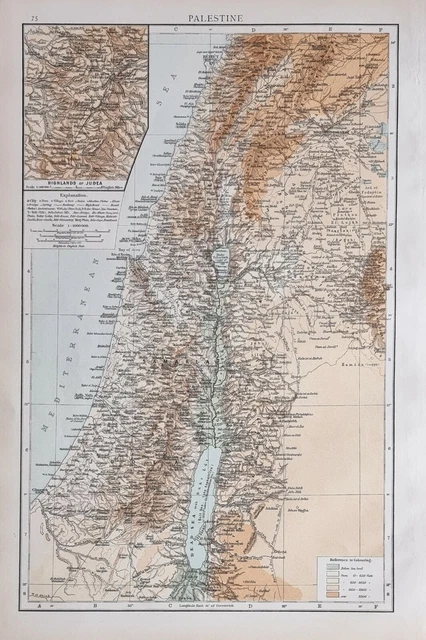 1895 MAPPA ANTICA Palestina Highlands Di Giudea Galilea Samaria Giaffa ...
