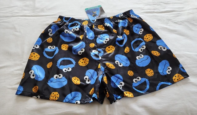 SESAME STREET MENS Cookie Monster Black Printed Satin Boxer Shorts Size ...