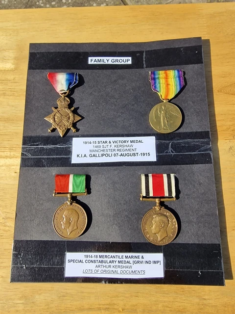 WW1 FAMILY MEDAL Group 'Kershaw' Merc/Marine. Manc. Regiment Kia 1915 ...
