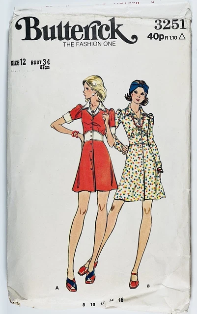 1970’S VINTAGE SEWING Pattern Button Front Dress Butterick 3251 bust 34 ...