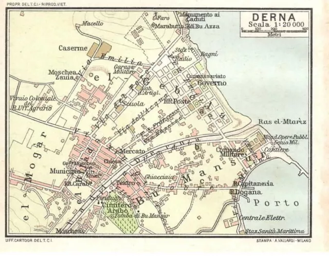 CARTA GEOGRAFICA ANTICA DERNA minuscola pianta LIBIA COLONIA ITALIANA ...