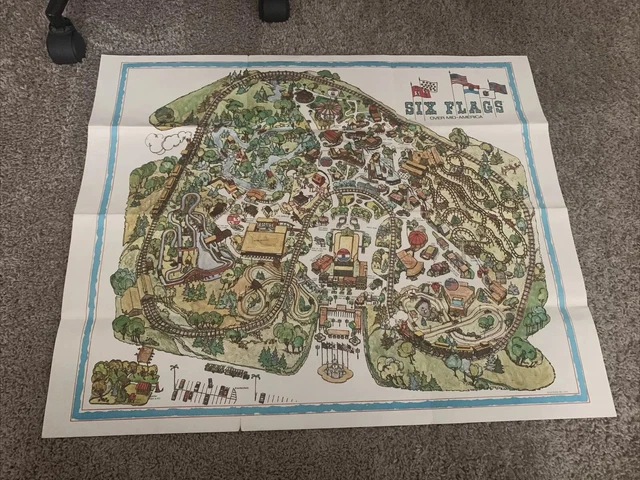 1972 SIX FLAGS Over Mid America Park Map St Louis Mo 23" x 28 ...