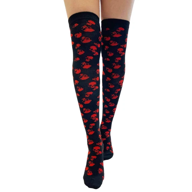 SKULL OVER KNEE Socks Red Thigh Alt Retro Gothic Hosiery 80s Punk ...