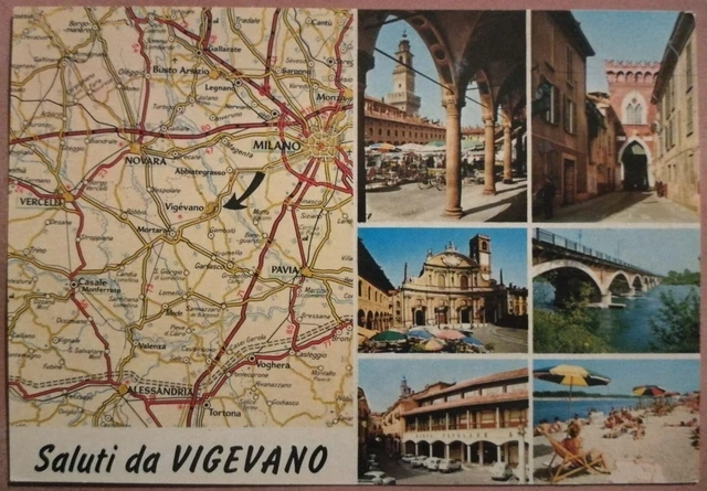 SALUTI DA VIGEVANO (Pavia) - CARTA MAPPA T.C.I. - VEDUTE VEDUTINE EUR 1 ...