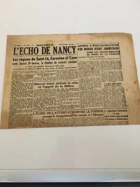 ANCIEN JOURNAL DE Propagande l’Echo De Nancy 26 Juillet 1944 Ww2 EUR 6 ...