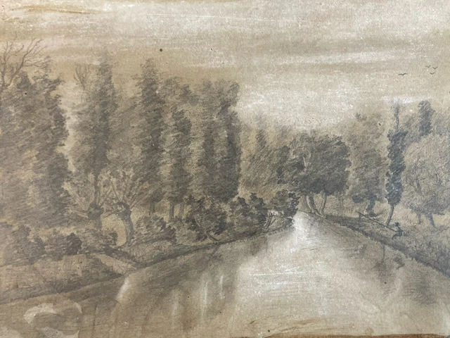 TRÈS BEAU DESSIN XIXe 1900 Pierre Noire Ancien Paysage Riviere Pêche ...
