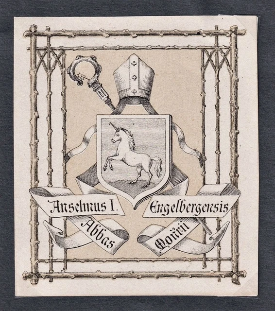 EXLIBRIS ANSELM VILLIGER Kloster Engelberg armorial bookplate ex-libris ...