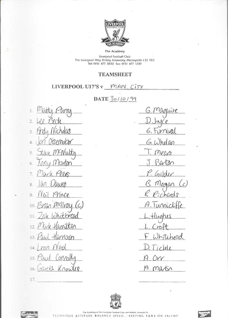 6 X LIVERPOOL v Manchester City academy league team sheets £4.36 ...