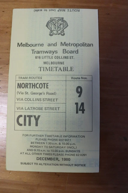 MELBOURNE TRAM TIMETABLE for routes 9 and 14 dated December 1980 $8.00 ...