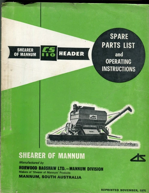SHEARER TYPE CS 110 1975 Header parts list and operating instructions ...