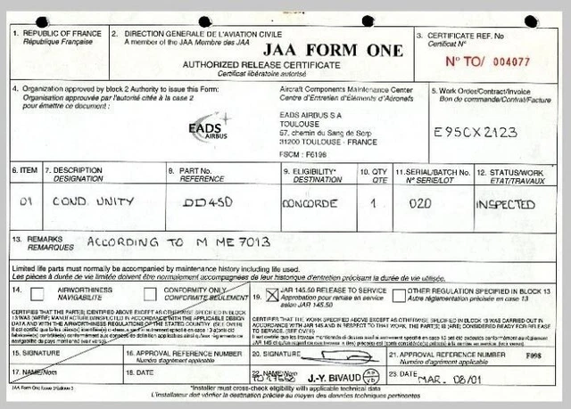 CONCORDE FOUR JAA FORM ONE Authorised Release Certificates Numbered ...