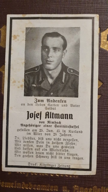 VINTAGE GERMAN WW2 death card JOSEF ALRMANN FIRST AIDER FELL 25 JAN ...