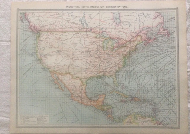 ANTIQUE PRINT MAP 'INDUSTRIAL NORTH AMERICA WITH COMMUNICATIONS' c.1906 ...