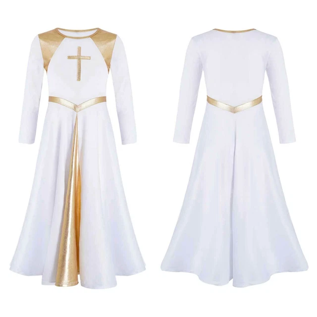 GIRLS SHINY METALLIC Gold Praise Dance Robe Dress Full Length Worship ...