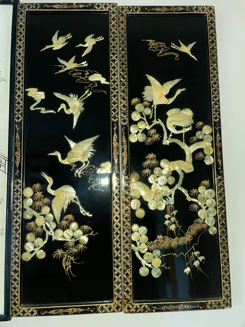 4 WALL PANELS Japanese Art Work Inlays Mother Of Pearl Shell Black ...
