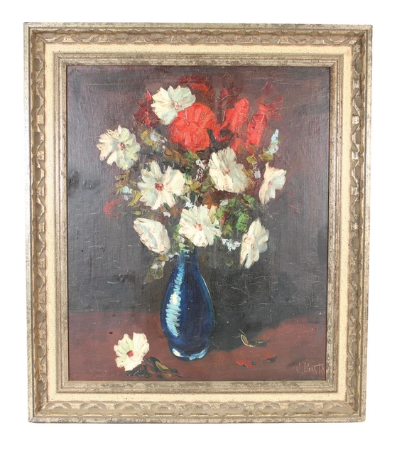 VINTAGE FLORAL STILL Life Oil Painting On Board Blue Vase Signed J ...