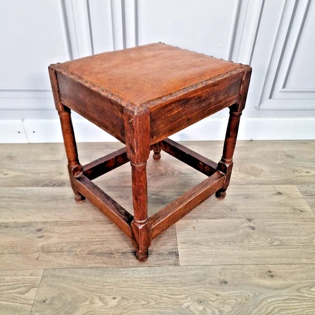 ANTIQUE SOLID OAK Wooden Turned Foot Stool - Studded Leather Top ...