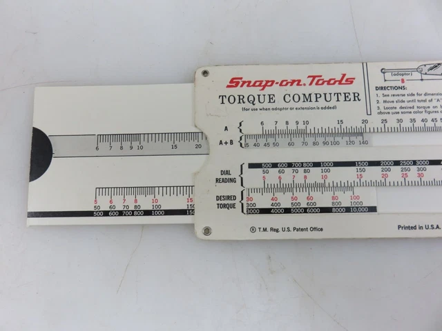SNAP-ON TOOLS TORQUE Computer Slide Chart For Torque Wrench Adapter or ...