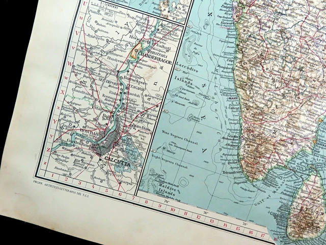 ITALIAN MAP OF India Calcutta Bombay Hyderabad Indian Regions LARGE ...