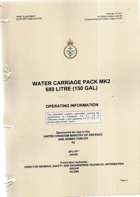 ARMY WATER CARRIAGE Pack Mk2 680 Litre (150 Gal) Operating Information ...
