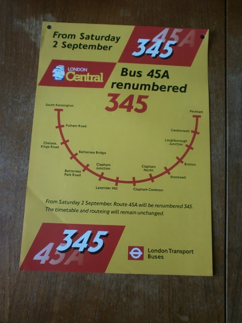 LONDON TRANSPORT TIMETABLE Panel Poster-Route 45A Renumbered to 345 £1. ...