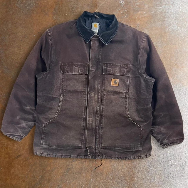 VINTAGE CARHARTT BROWN Duck Canvas Work Chore Jacket Faded Quilted ...