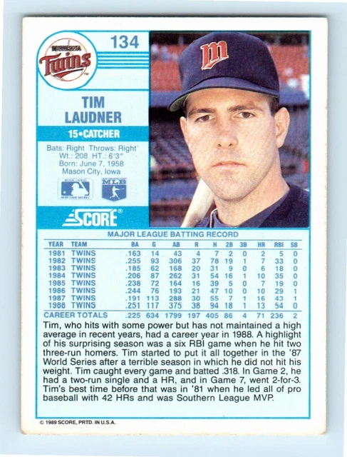 1989 SCORE TIM Laudner Minnesota Twins #134 EUR 1,43 - PicClick FR