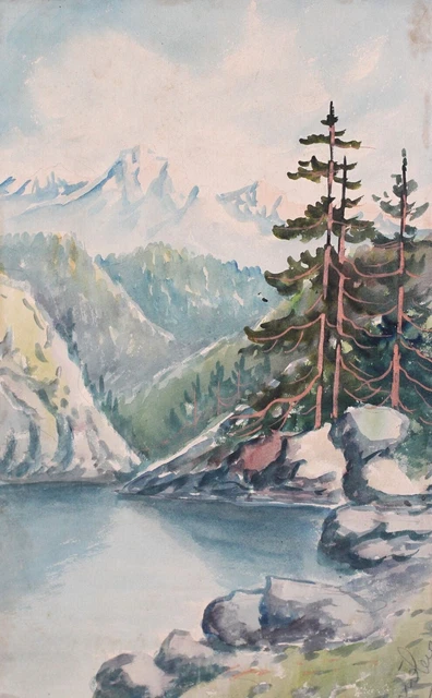 TABLEAU AQUARELLE PAYSAGE de montagne signé EUR 68,00 - PicClick FR