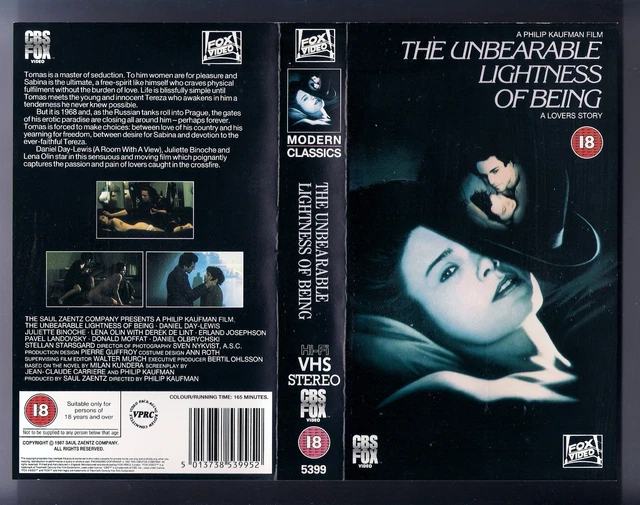 VHS VIDEO UNBEARABLE Lightness of Being: A Lovers Story. 1992 (1988 content) vgc £7.50 - PicClick UK