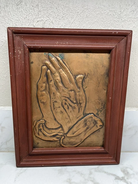 VINTAGE EMBOSSED PRAYING Hands Copper 3D Relief Metal Art Plaque Framed ...