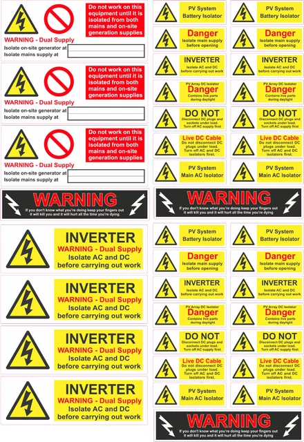23 PV SOLAR Electrical Warning stickers Inverter danger high Voltage ...