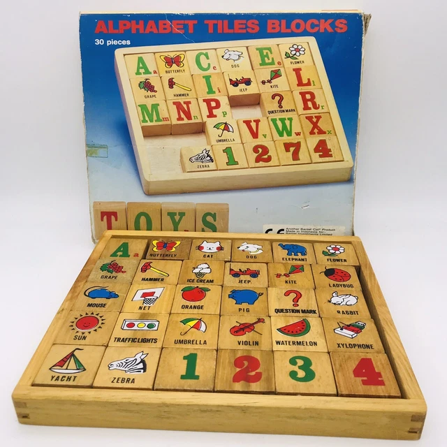 VINTAGE • ALPHABET Wooden Blocks Tiles Set • 30 Piece • Boxed £24.99 ...