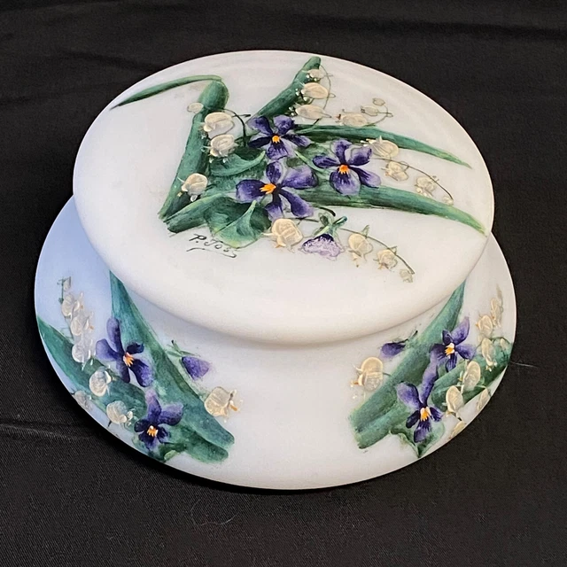 ANCIEN BOITE PÂTE de Verre à Décor Peint de Violettes & Muguet Signé P ...