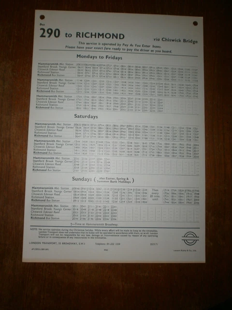LONDON TRANSPORT BUS Stop Timetable Panel-Route 290, 1971 EUR 2,34 ...