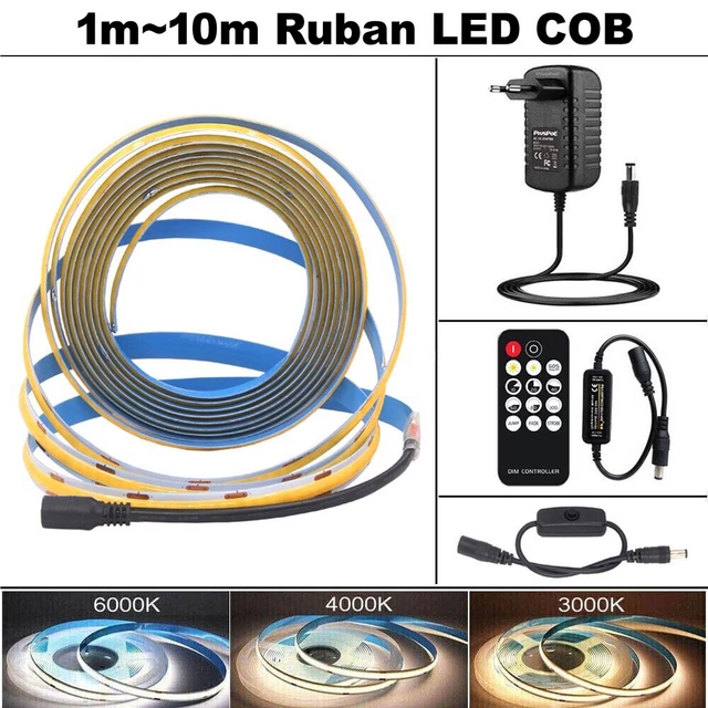 RUBAN LED COB Bande Lumineuse avec Alimentation et Télécommande pour ...