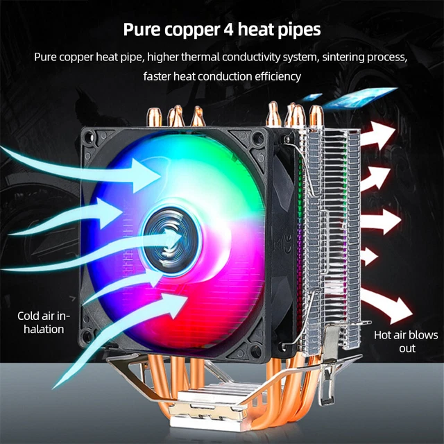 RGB CPU COOLER 4 Heat Pipe 9cm Tower Radiator Computer Accessories for ...