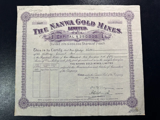 VINTAGE NANWA GOLD Mines Limited Company Share Certificate £16.32 ...