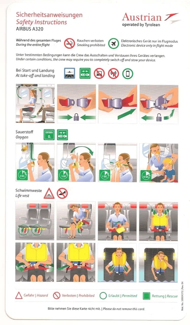 AUSTRIAN AIRLINES SAFETY card Airbus A320 AUSTRIAN AIRLINES SAFETY card Airbus A320