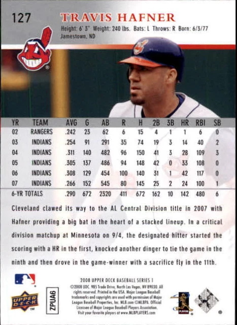 CARTE DE BASEBALL 2008 Upper Deck Indians Cleveland #127 Travis Hafner ...