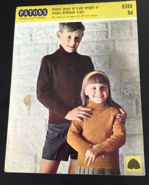 VINTAGE PATONS KNITTING Pattern 9388 - child - 4ply polo neck jumpers £ ...