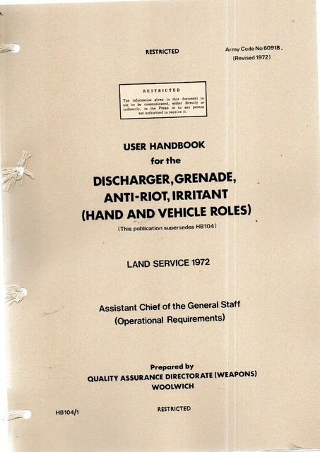 ARMY USER HANDBOOK For . Discharger Grenade Anti-Riot Irritant Etc Mint ...