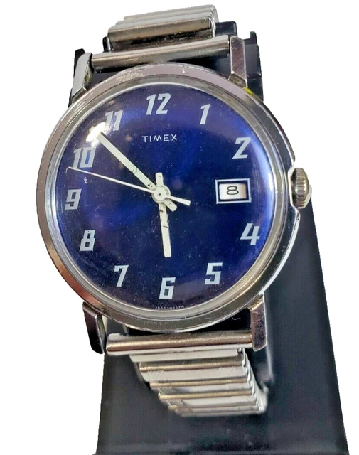 VINTAGE 1974 TIMEX Blue Dial Mechanical Hand Wind Up watch w/ date @3 ...