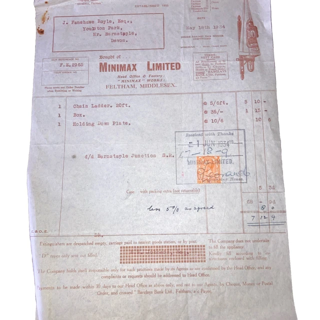 1934- BILLHEAD/LETTERHEAD- MINIMAX Ltd- Fire Extinguisher-Feltham ...