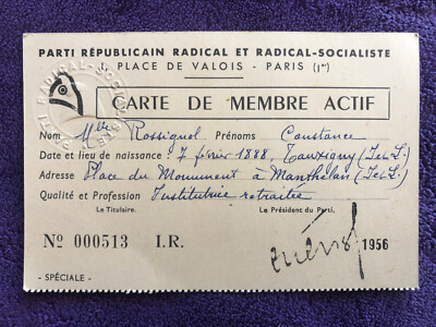 POLITIQUE : RARE carte d'adhérent au Parti Républicain Radical 1956 EUR ...