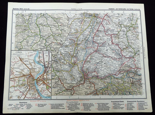 RAILWAY MAP OF Cologne Germany Zurich Switzerland Rail Antique Original ...