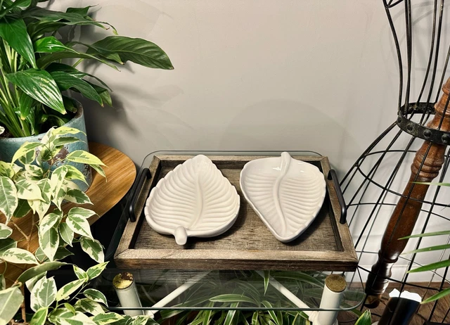 VINTAGE DENMEAD POTTERY Leaf Dishes White Ceramic Studio Ware Pair £10. ...