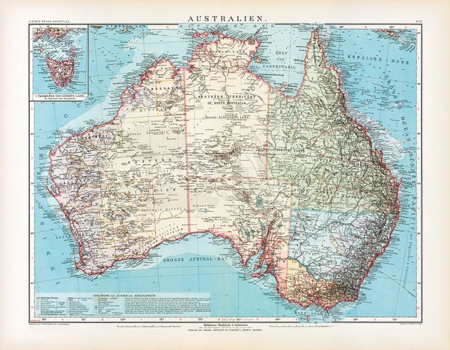 HISTORICAL MAP OF Australia from 1905 (E. Debes), Atlas, Vintage Print ...