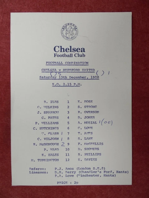 CHELSEA V HEREFORD UNITED | 1980/1981 | RESERVES | 13 DEC 1980 | UK ...