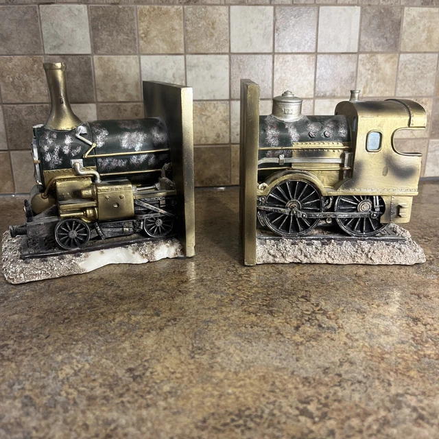 BRASS STEAM ENGINE Train Locomotive Bookends on Stone Base HEAVY 1911 ...