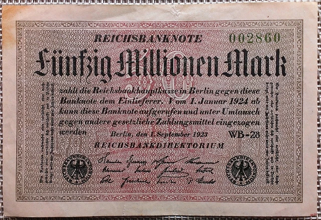 50 MILLIONEN MARK Reichsbanknote Geldschein Deutschland 1923, F- VF ...